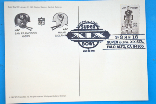 super bowl XIX post card Jan 20 1985 final score cancellation, Jim ...