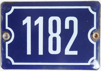 Old blue French house number 1182 door gate wall plate plaque enamel ...