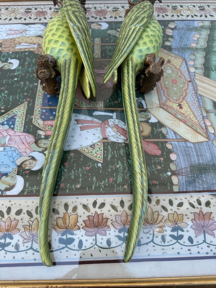 Pair Green porcelain parrot wall sconces Lights bronze mounts candle or ...