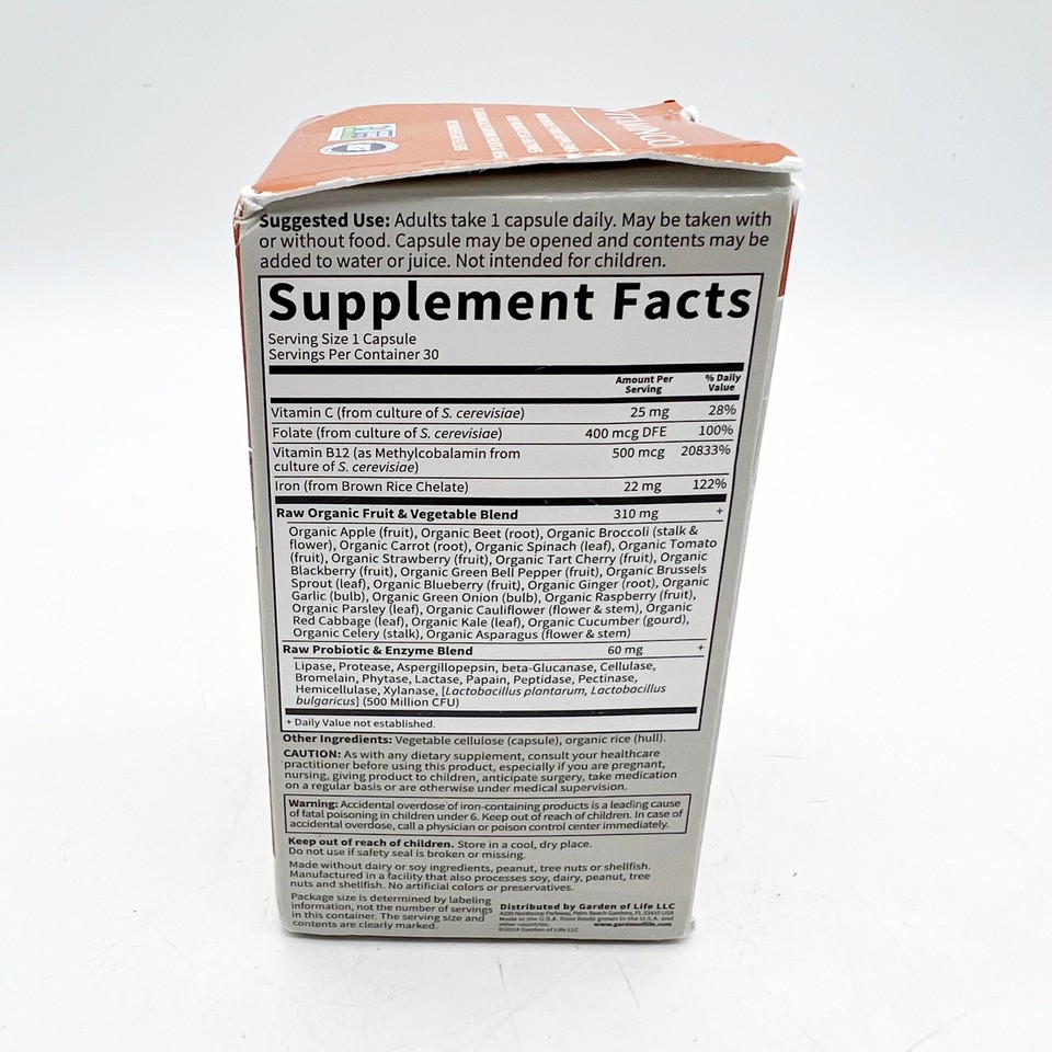 Garden of Life Vitamin CODE RAW IRON 30 Capsules Whole Food Iron BB 6/ ...