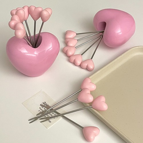 10X Pink Fruit Fork Set Sweet Cake Forks Cute with Heart Shape Storage ...