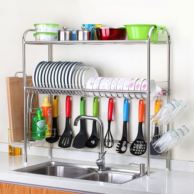 2 Layer Stainless Steel Kitchen Tableware Drain Rack Bowl Dish Holder ...