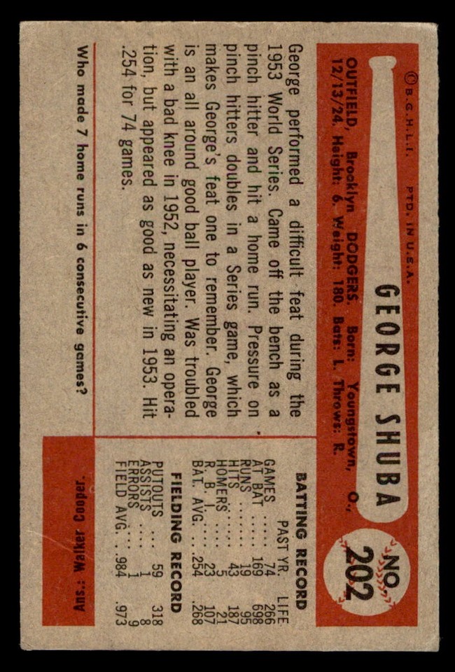 1954 Bowman Baseball #202 George Shuba GD *d5 | eBay