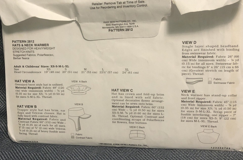 Lot Of Men Miss Child Unisex Kwik Sew 2812 Pattern Hats Sz XS-XL Neck ...