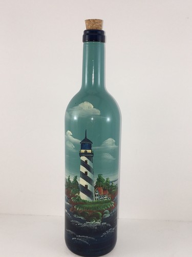 Hand Painted Lighthouse Sea Scene on Wine Bottle Sealed 12” Tall | eBay