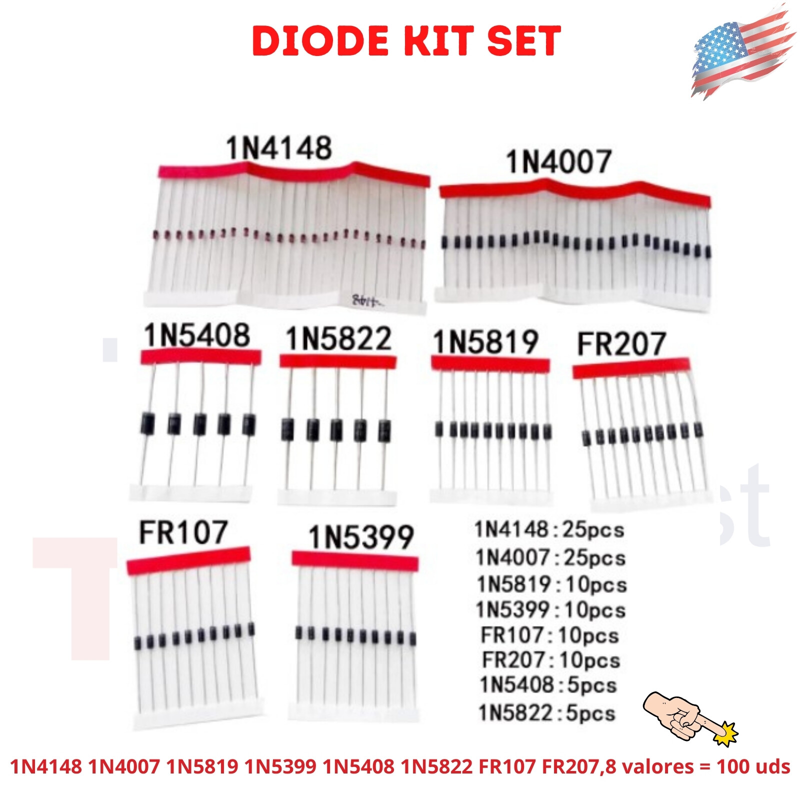 Schottky Rectifier Switching Diode Assortment Kit -100 Pcs 8 Values USA ...