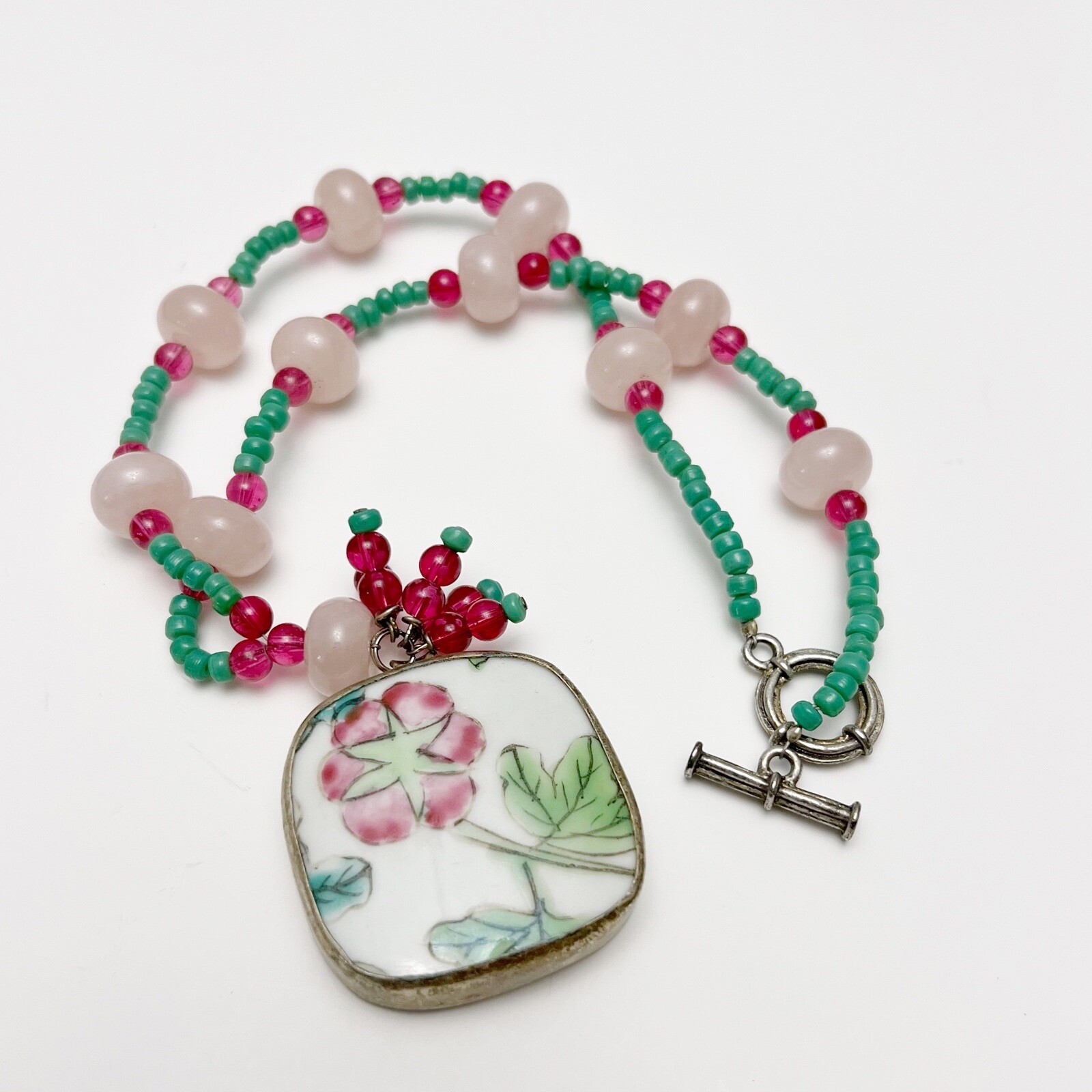 Pink & Green Chinoiserie Porcelain Shard Pendant Glas… - Gem