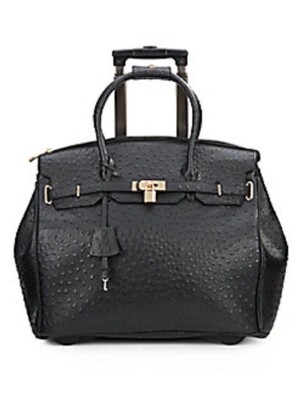 KC Jagger Black Leather Ostrich Print Wheeled Rolling Bag Travel ...