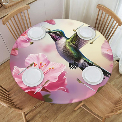 Hummingbird Pink Flowers Fitted round Tablecloth Waterproof Table Cloth ...
