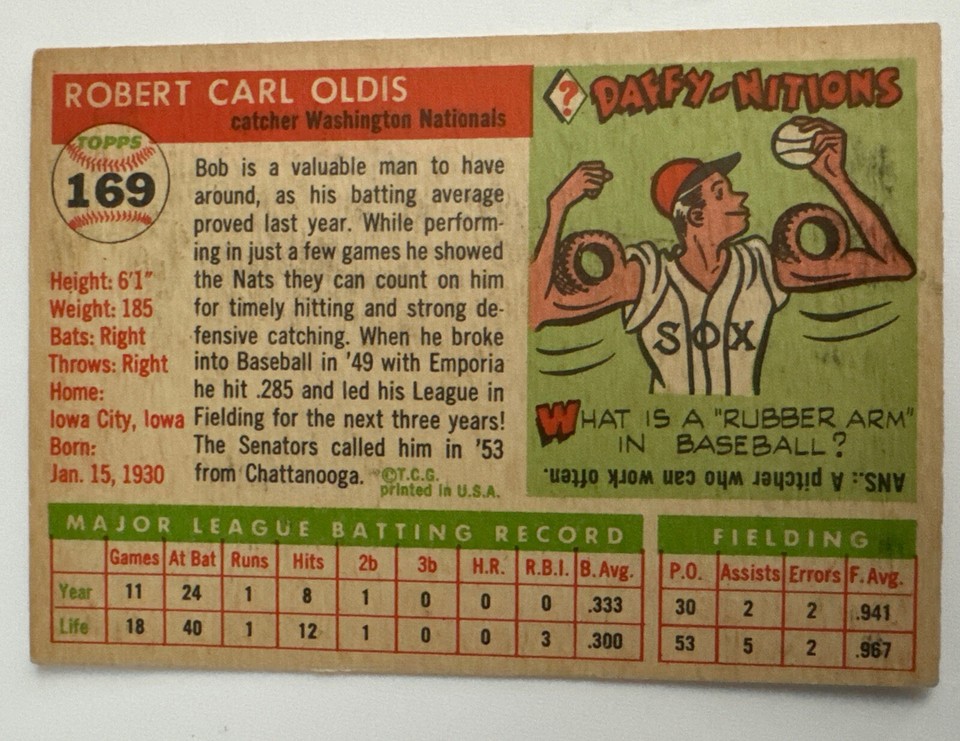 1955 Topps # 169 Bob Oldis Autographed SIGNED Card - Washington ...
