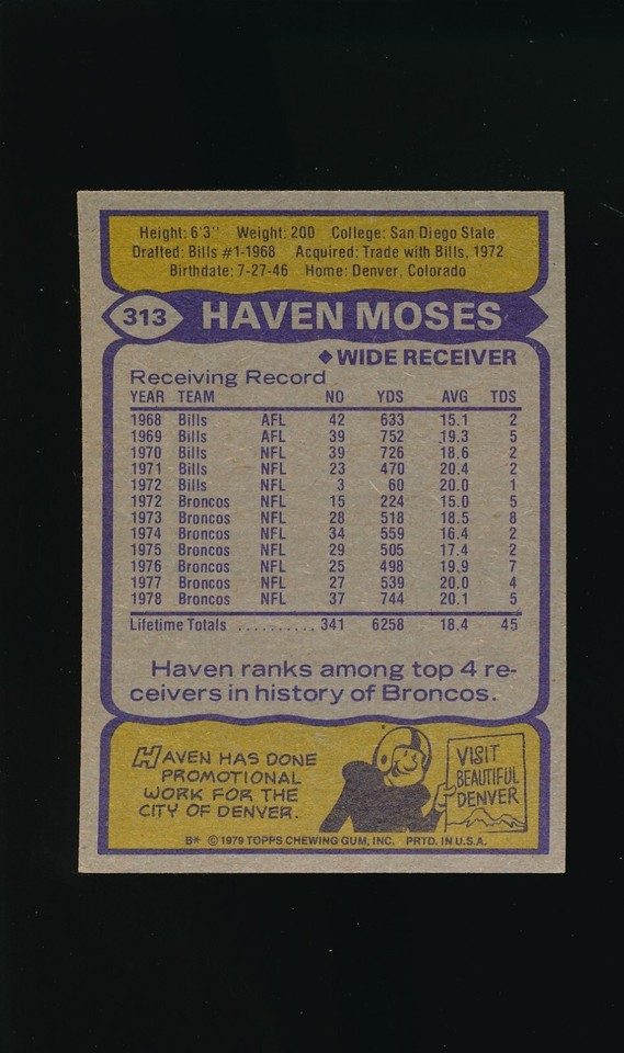 1979 Topps #313 Haven Moses * Wide Receiver * Denver Broncos * EX-MT/NM ...