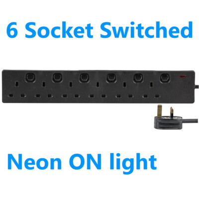 6 Way Switched Extension Lead - Six Gang Multi Plug Socket - Black ...