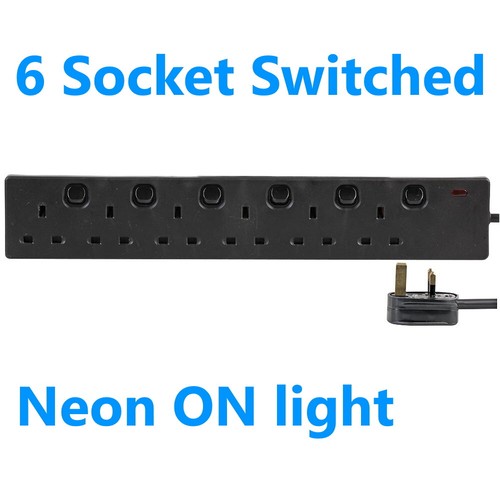 6 Way Switched Extension Lead - Six Gang Multi Plug Socket - Black ...