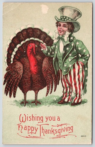 Patriotic Thanksgiving~Uncle Sam Boy Offers Cranberries to Turkey~Stars ...