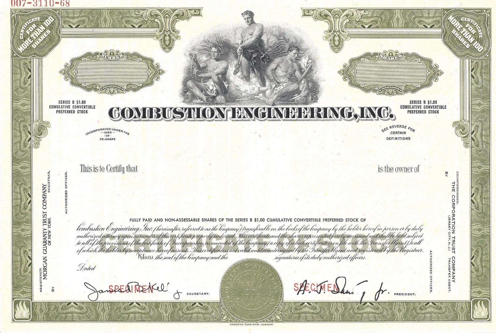 COMBUSTION ENGINEERING INC ABN "SPECIMEN" PREFERRED STOCK CERTIFICATE ...