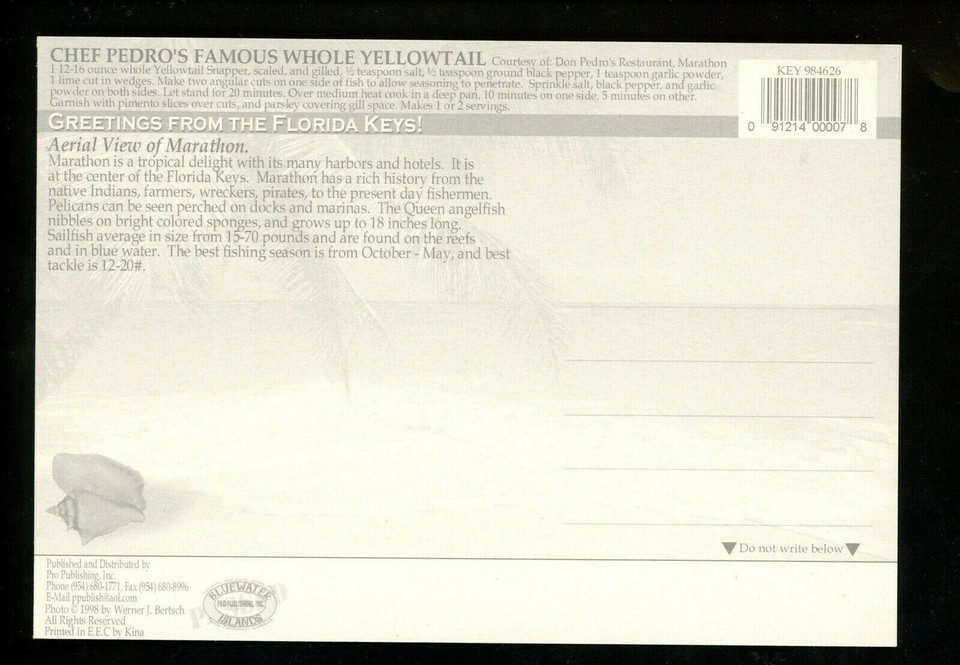 Recipe postcard US Travel Chef Pedro's Famous Whole Yellowtail Florida ...