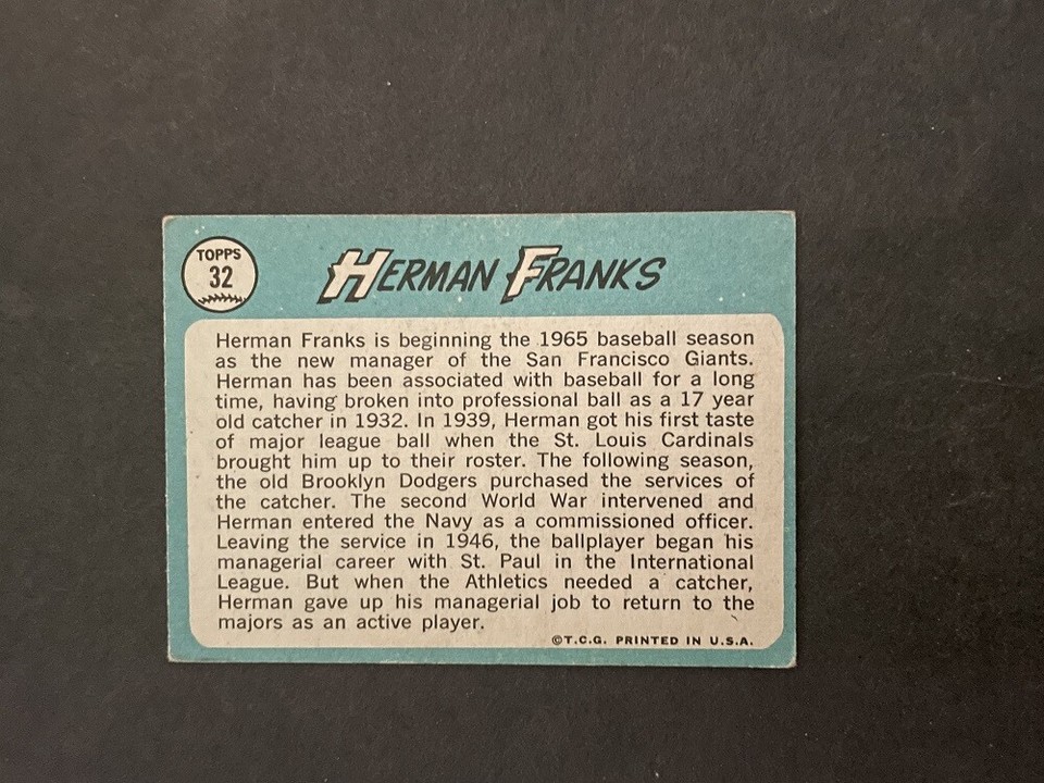 HERMAN FRANKS 1965 TOPPS BASEBALL CARD #32 SAN FRANCISCO GIANTS | eBay
