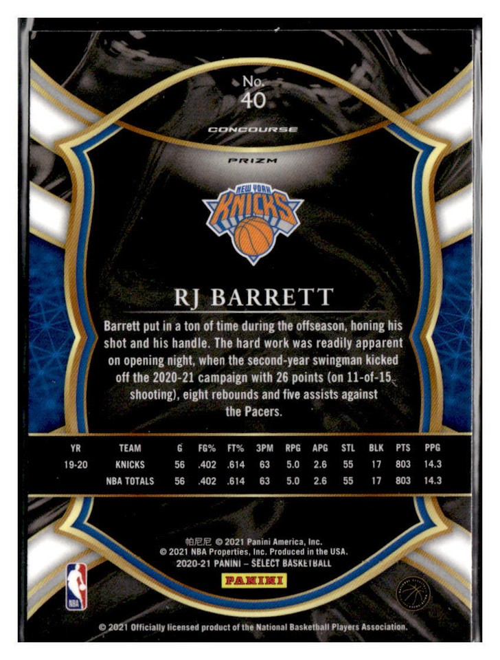 2020-21 Panini Select #40 RJ Barrett Silver Prizms New York Knicks | eBay
