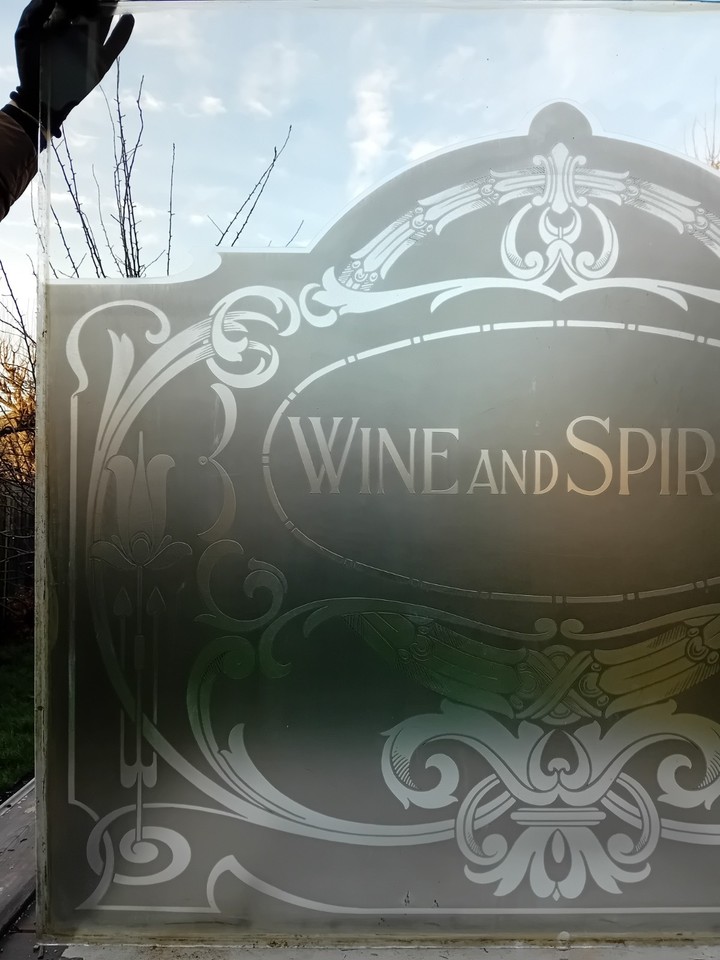 Acid etched pub window panel "wine and spirits". A1833. DELIVERY ...