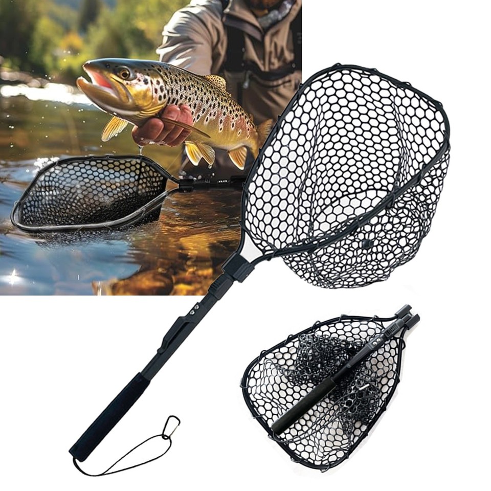 Folding Fly Fishing Landing Net Rubber Safe Catch Release Silicone Fish ...