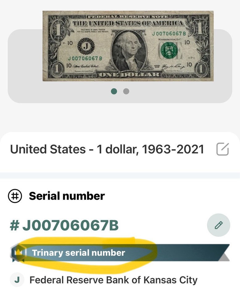 Lot of Seven (7) $1 Verified TRINARY Notes, VC Fancy Serial #’s ...