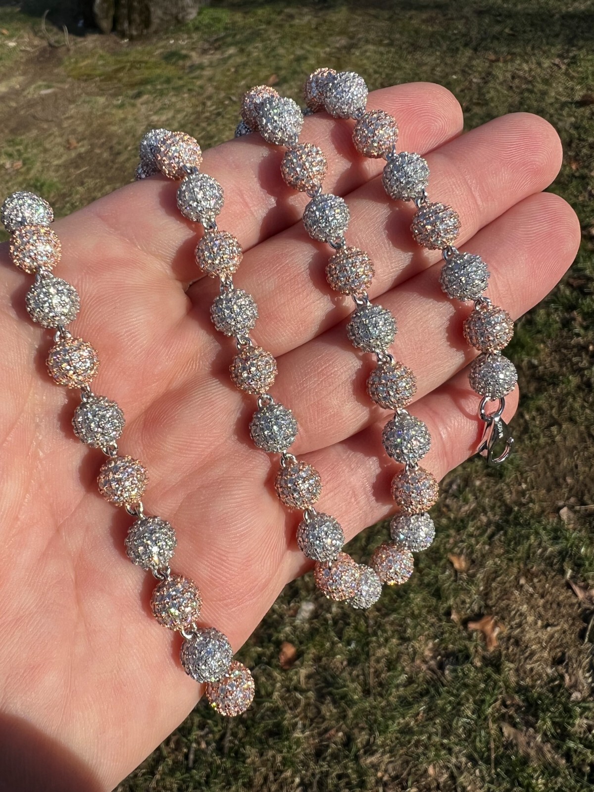 Moissanite Iced 925 Silver & Rose Gold Ball Disco Chain Necklace Passes ...