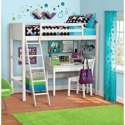 White Finish Wooden Twin Loft Bed Bunk Over Desk Area Play Room Kids ...