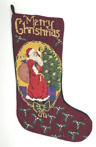 Handmade Needlepoint Petit Point Stocking Santa Tree Merry Christmas ...