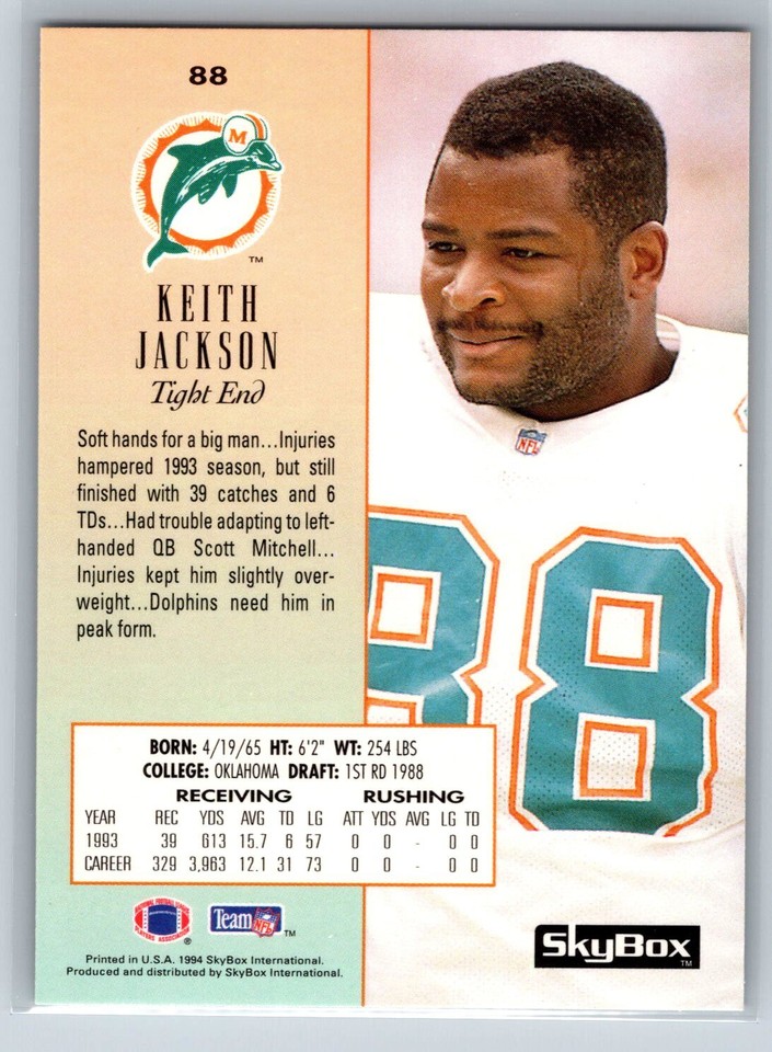 1994 SkyBox Premium Keith Jackson Miami Dolphins #88 | eBay
