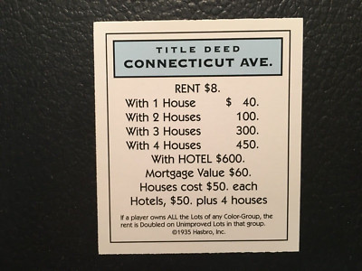 Monopoly CONNECTICUT AVE Title Deed Card Replacement Game Piece / Part ...