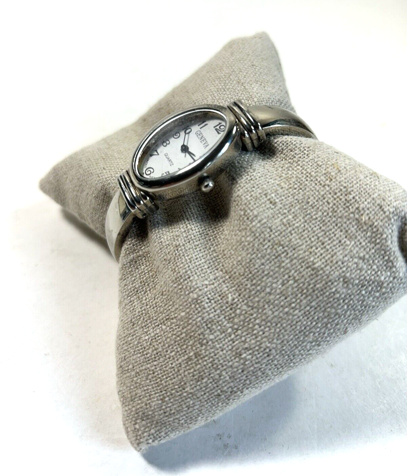 Geneva Quartz Watch White Oval Face Silver Toned Cuff Band with New ...