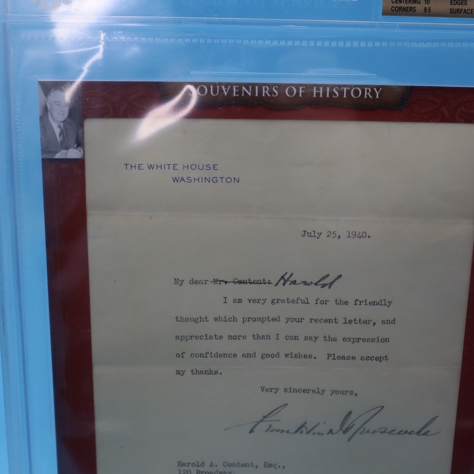 President FRANKLIN D. ROOSEVELT FDR 1940 SIGNED LETTER BECKETT ENCASED ...