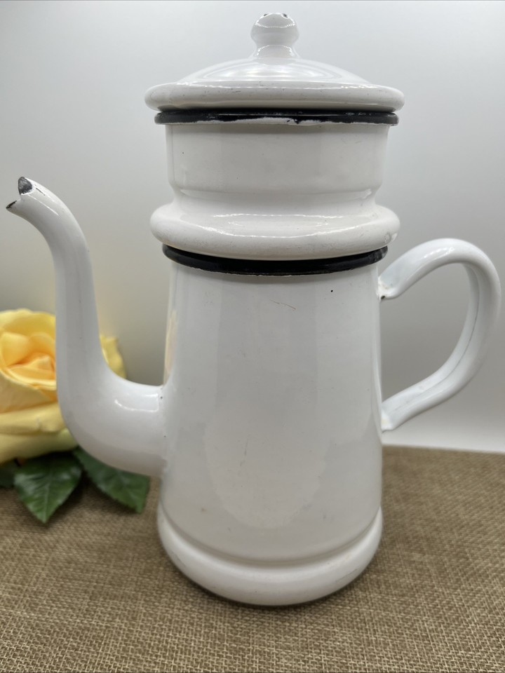 French Drip Coffee Pot Biggin White Enamelware 8 Inch Vintage Farm ...