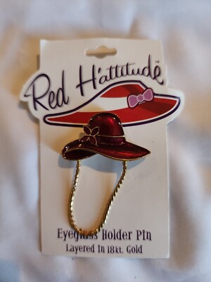 Red Hattitude Hat Society Eyeglass Holder Pin Brooch 18 kt Gold Finish ...