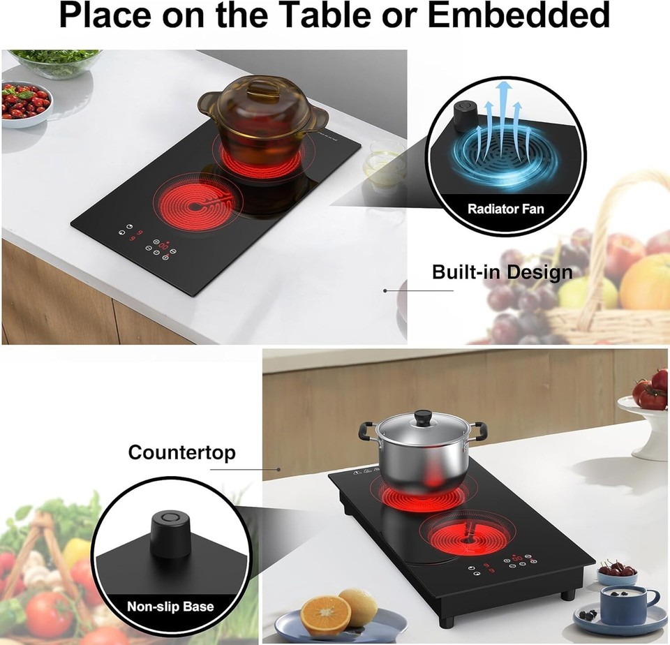 Electric Cooktop 3,000Watts Built-in & Countertop Plug in 2 Burner ...