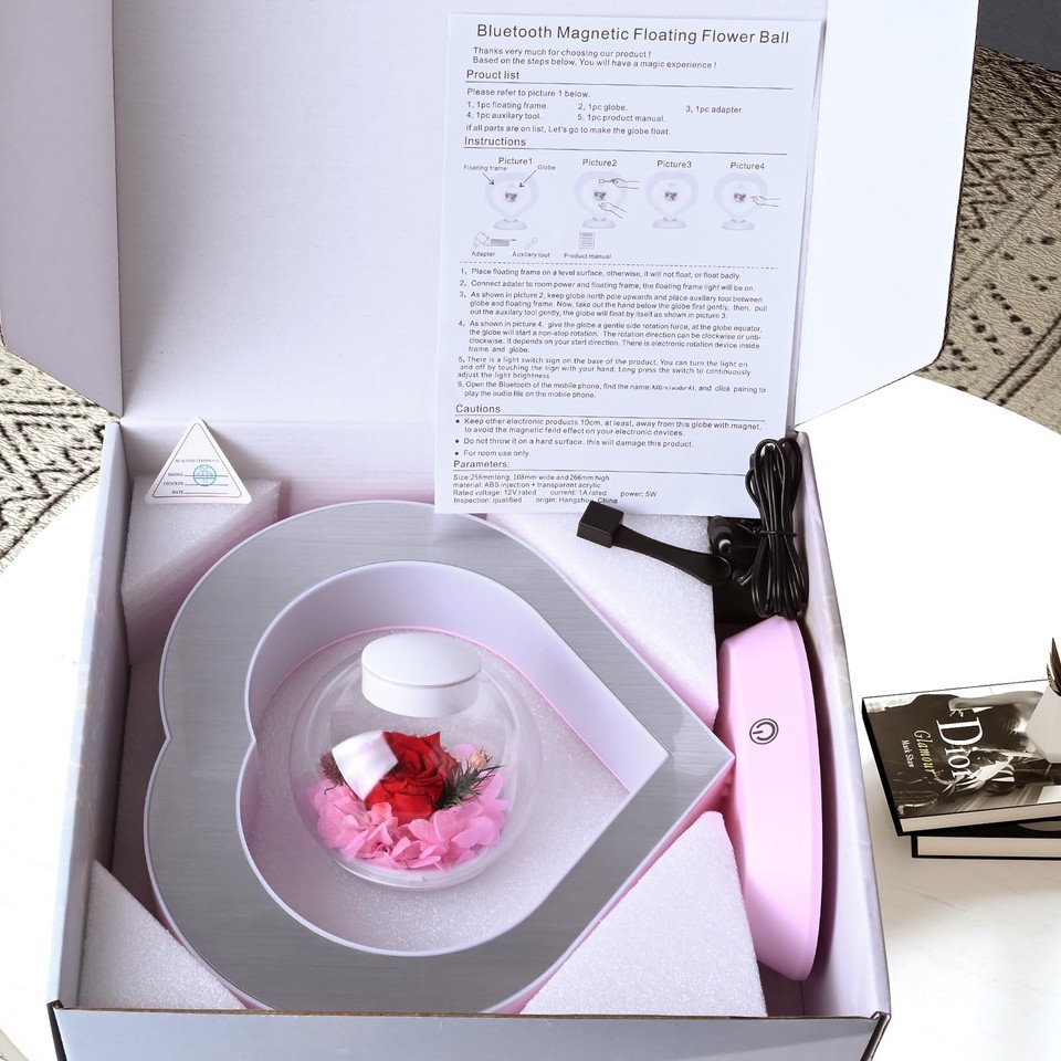 Heart Preserved Rose Flowers with Bluetooth Speakers, 5W Pink Magnetic ...