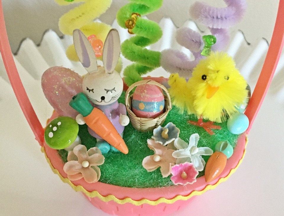 Vintage Kitsch Easter Basket Bunny Chenille Chick Mushroom OOAK ...