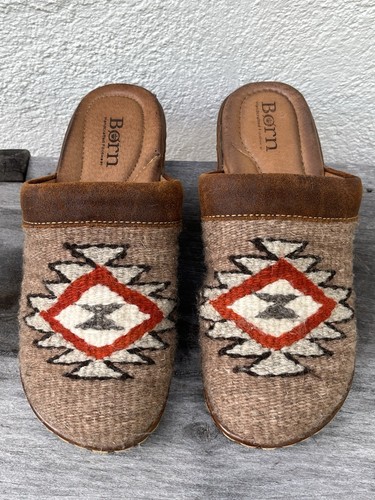 BORN Clogs Size 7 Brown Leather Blanket Aztec Bandy Boho Comfort Shoes ...