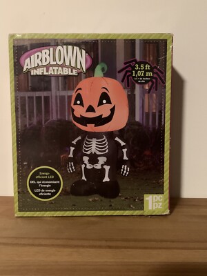3.5ft. Gemmy Airblown Inflatable Happy Pumpkin Boy Skeleton Halloween ...