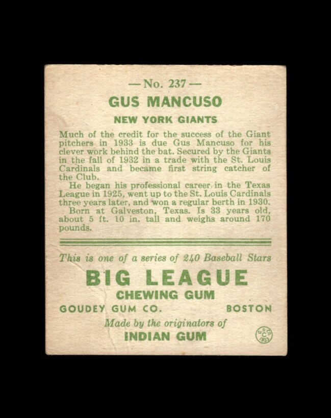 1933 Goudey Set-Break #237 Gus Mancuso VG-VGEX (crease) *GMCARDS* | eBay