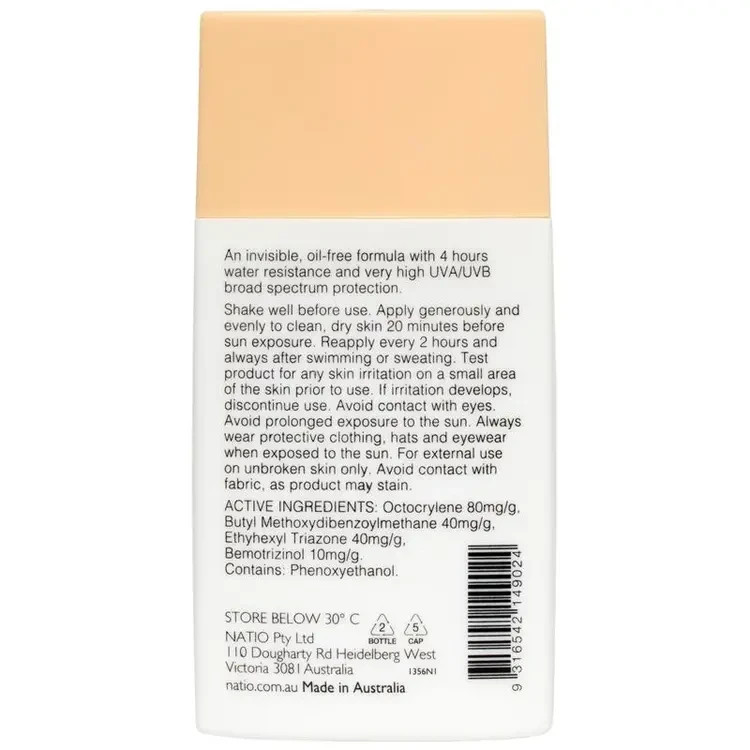 Natio Invisible Face Fluid Sunscreen SPF 50+ Fragrance Free Lightweight ...