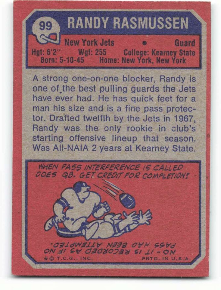 1973 Topps #99 Randy Rasmussen EX/NM NY Jets ID:239109 | eBay