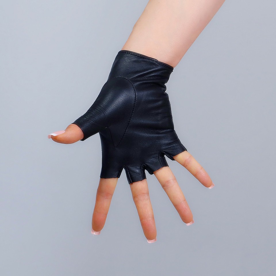 💯% REAL LEATHER Fingerless Short Gloves Black Sheepskin Button Half ...