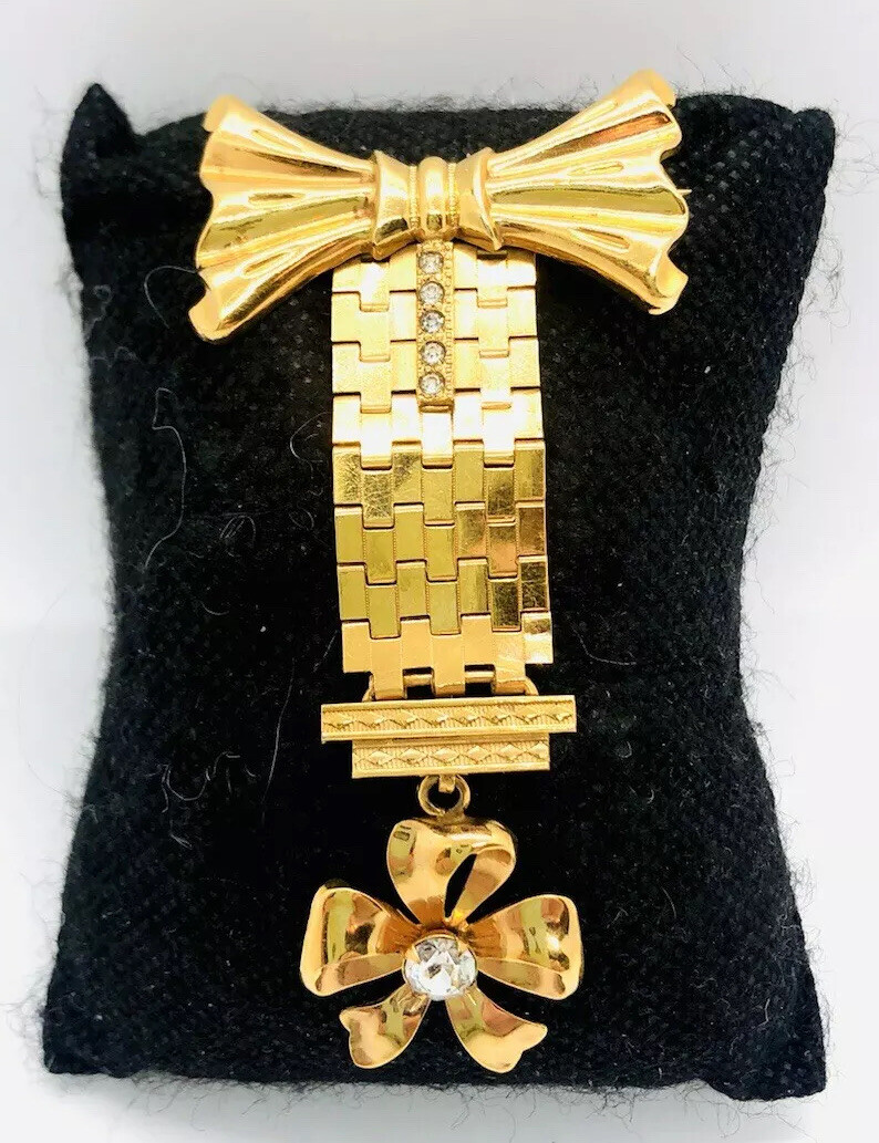 Long Gold Filled Mesh Watch Pin Brooch Dangling Heart… - Gem