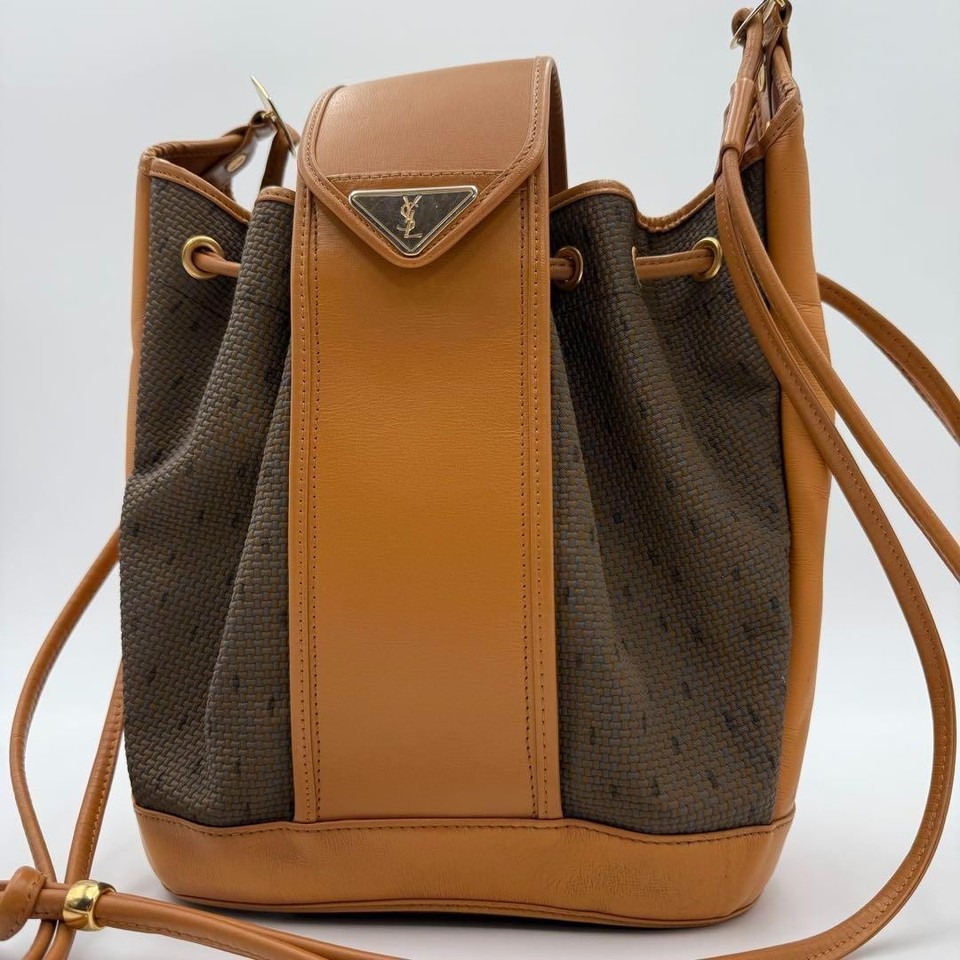 YVES SAINT LAURENT YSL Cassandra Drawstring Shoulder Bag Leather Brown ...