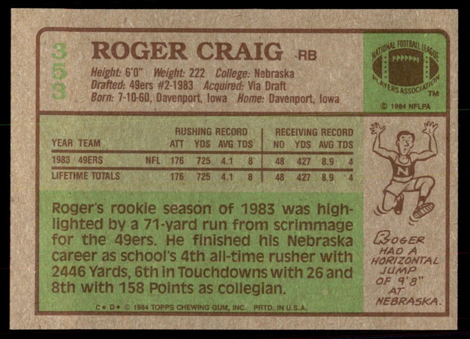 1984 Topps #353 Roger Craig HOF ROOKIE San Francisco 49ers Nebraska ...