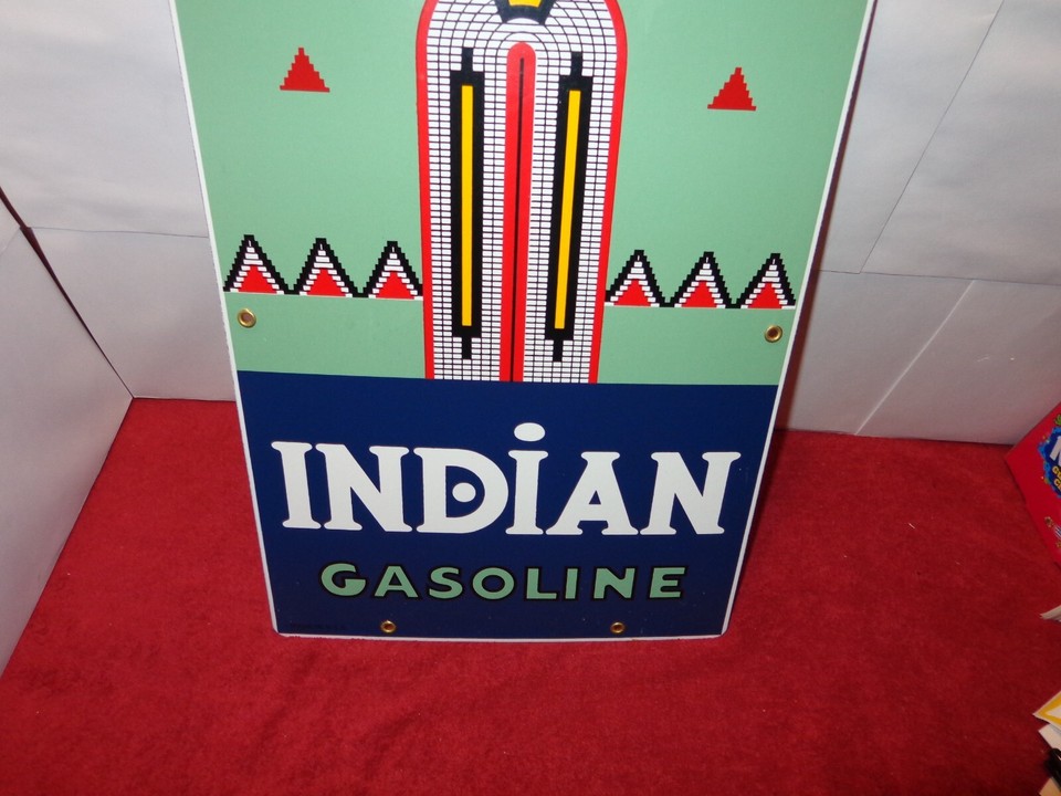 12 x 18 in INDIAN GASOLINE ADV. SIGN HEAVY METAL PORCELAIN NICE ...