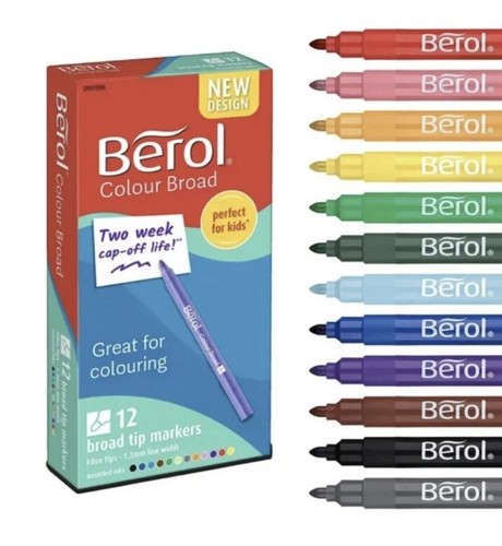 Berol Colour Broad Pens Assorted Colours Pack of 12 - Washable Ink - Uk ...