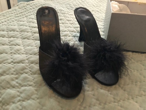 NIB VICTORIA'S SECRETE FEATHER MARABOU MULES SATIN SLIPPERS HEELS - M ...