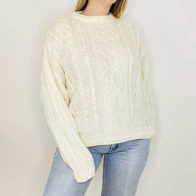 Vintage 90s Cottage Core Fisherman Knit Chunky White Jumper Sweater L ...